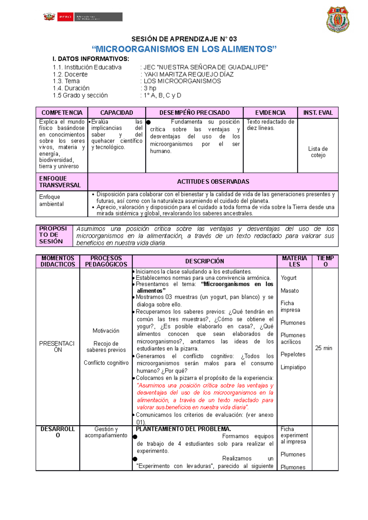 Sesión de Aprendizaje N° 09: Ventajas y Desventajas de Microorganismos - Studocu