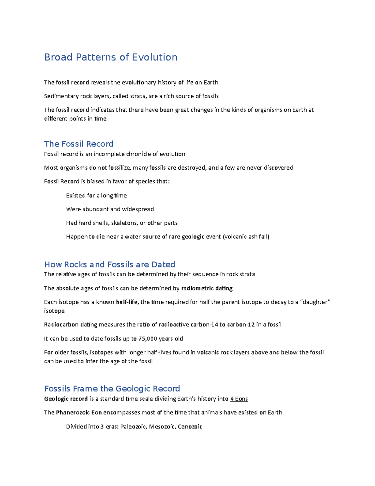 Chapter 23 - Broad Patterns of Evolution The fossil record reveals the ...