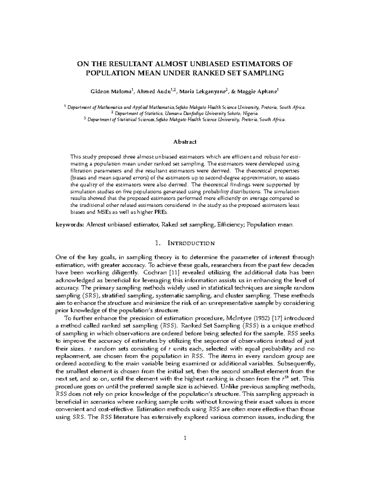 Almost Unbiased Estimators of Population Mean under RSS (MATH 401 ...