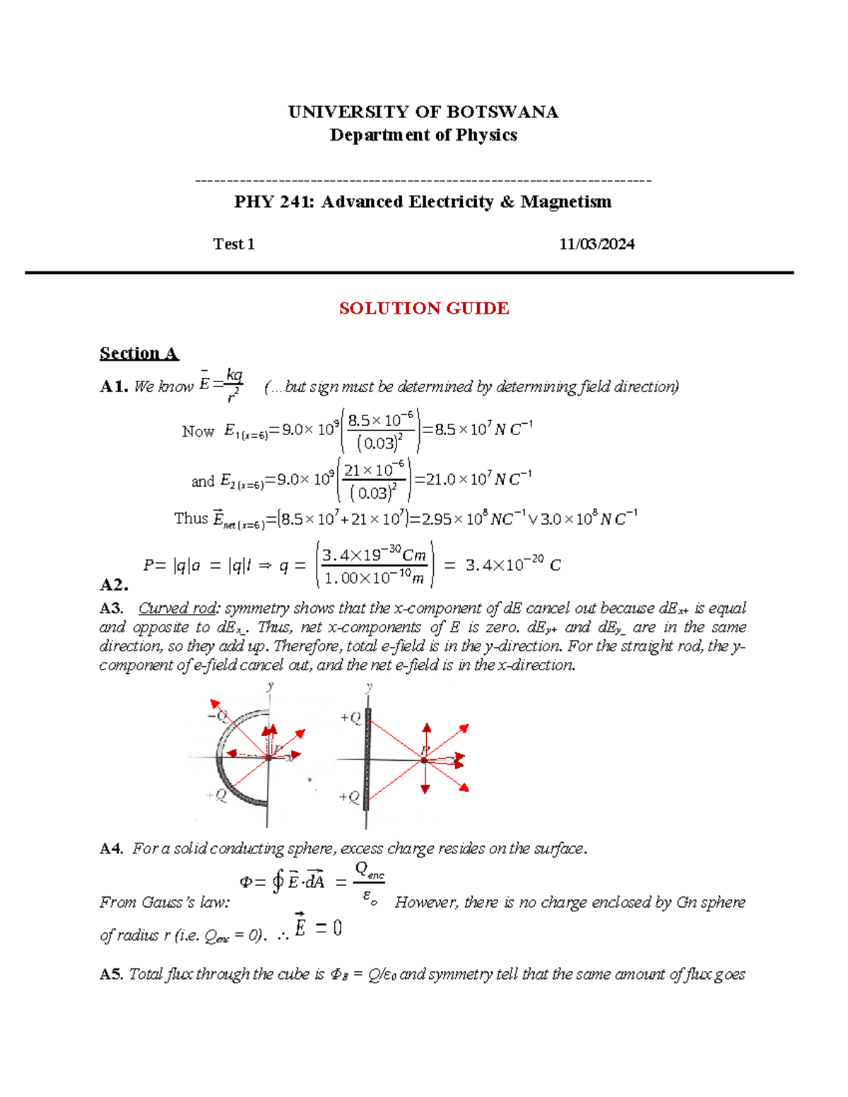 PHY241 T1 2024 Solution Guide for Advanced Electricity & Magnetism - Studocu