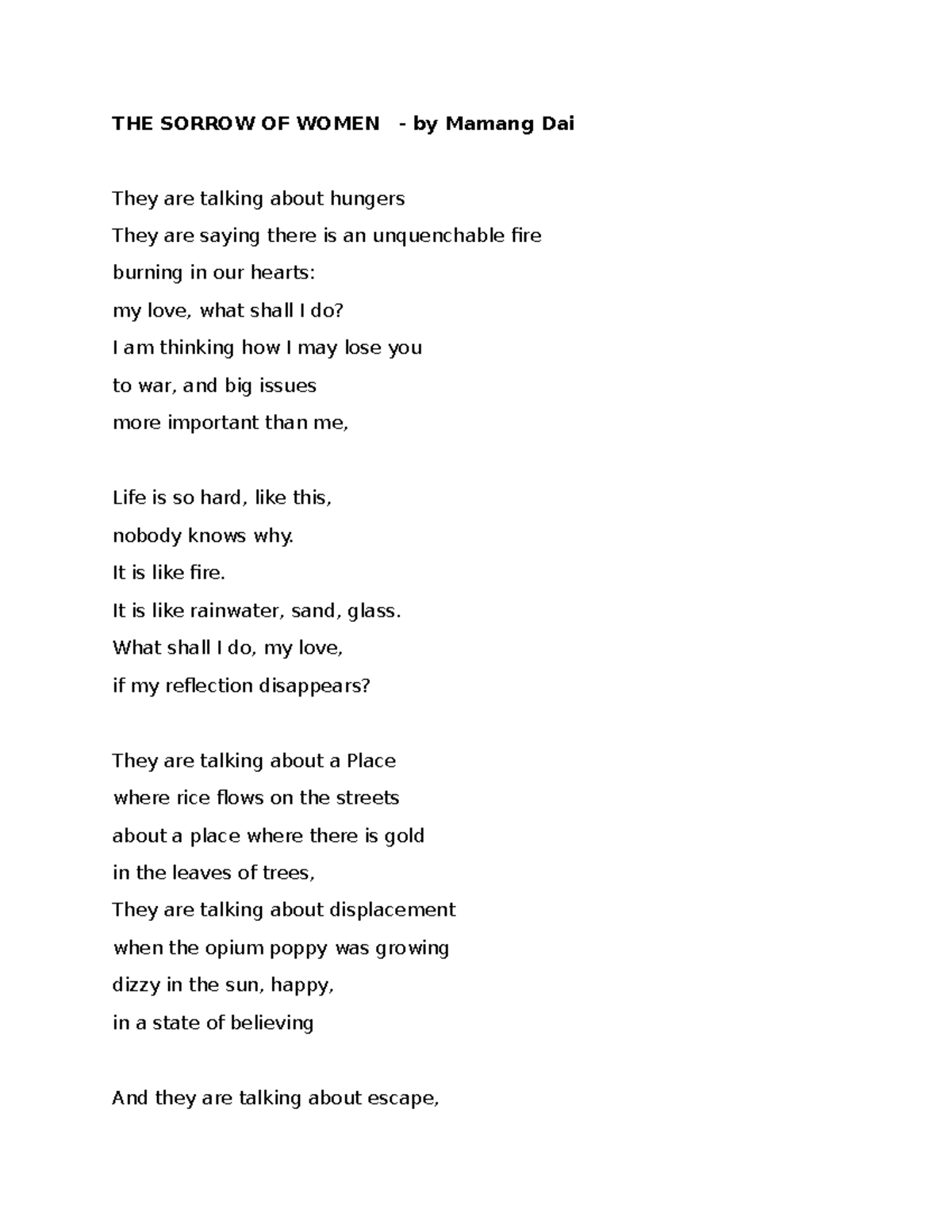 Mamang Dai - Poem Analysis: The Sorrow of Women - Studocu