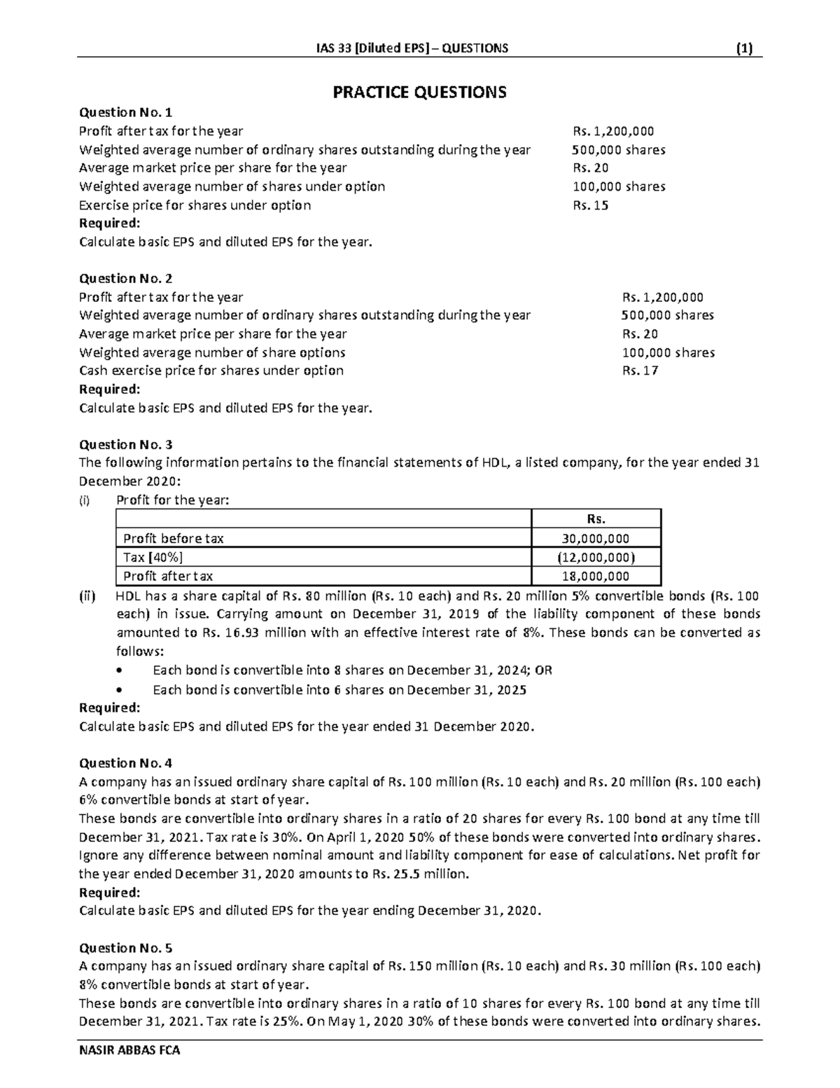 IAS 33 [Diluted EPS] - Practice Questions for Class - Studocu