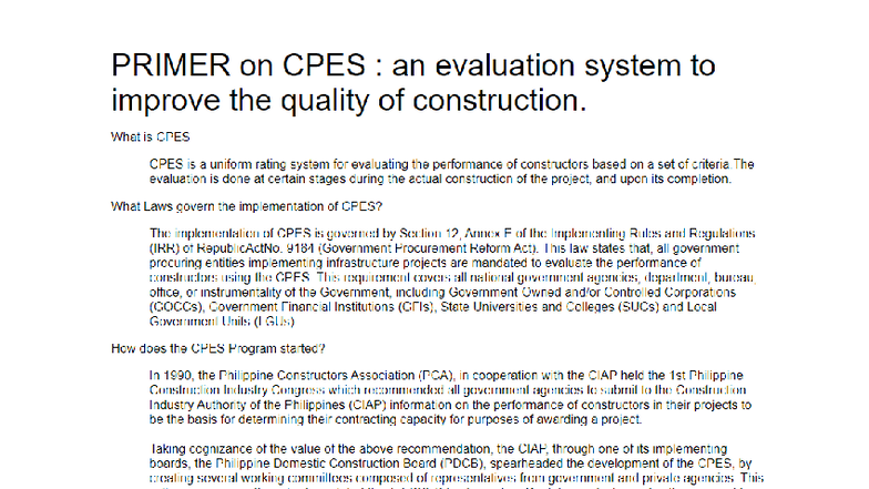 CPES - Evaluation System for Construction Quality Improvement - Studocu