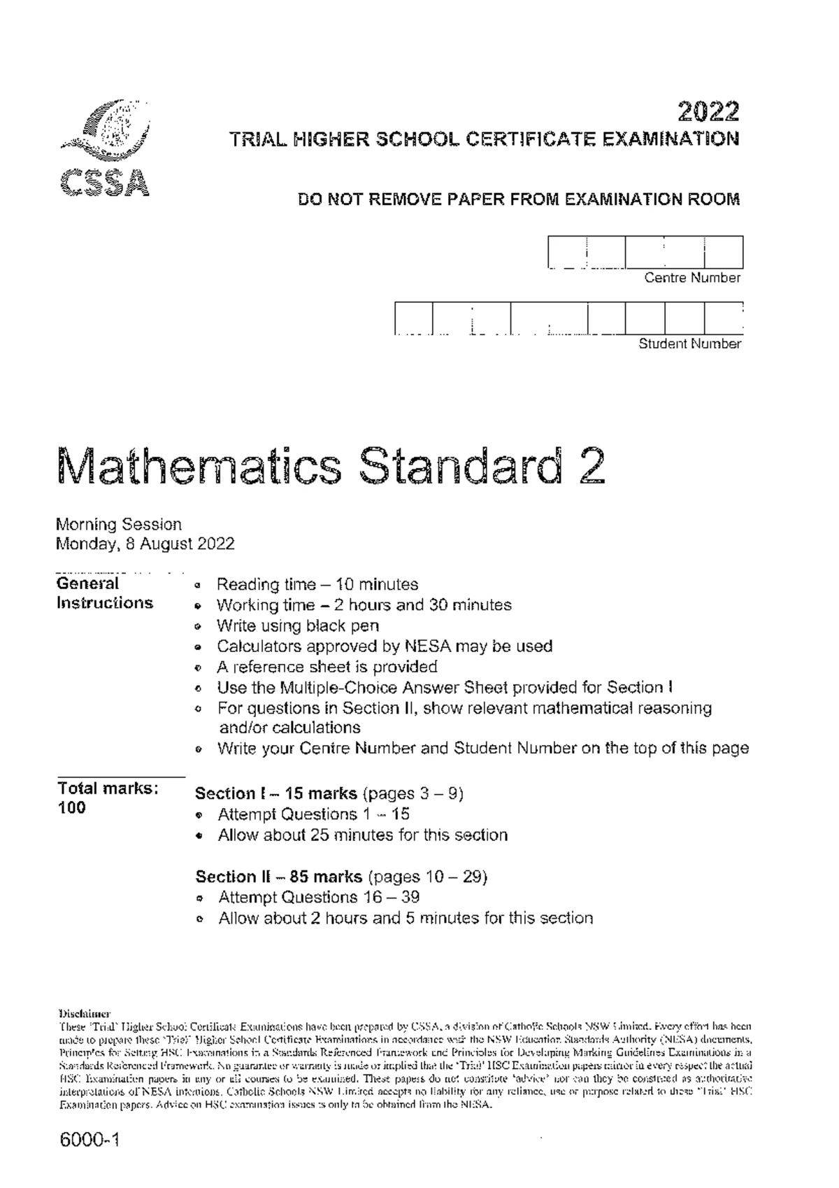 2020 CSSA Trial HSC Mathematics Standard 2 Exam Solutions - Studocu