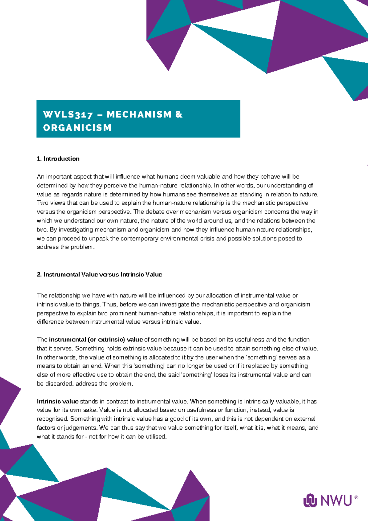 WVLS317 Mechanism vs Organicism: Understanding Value in Nature - Studocu