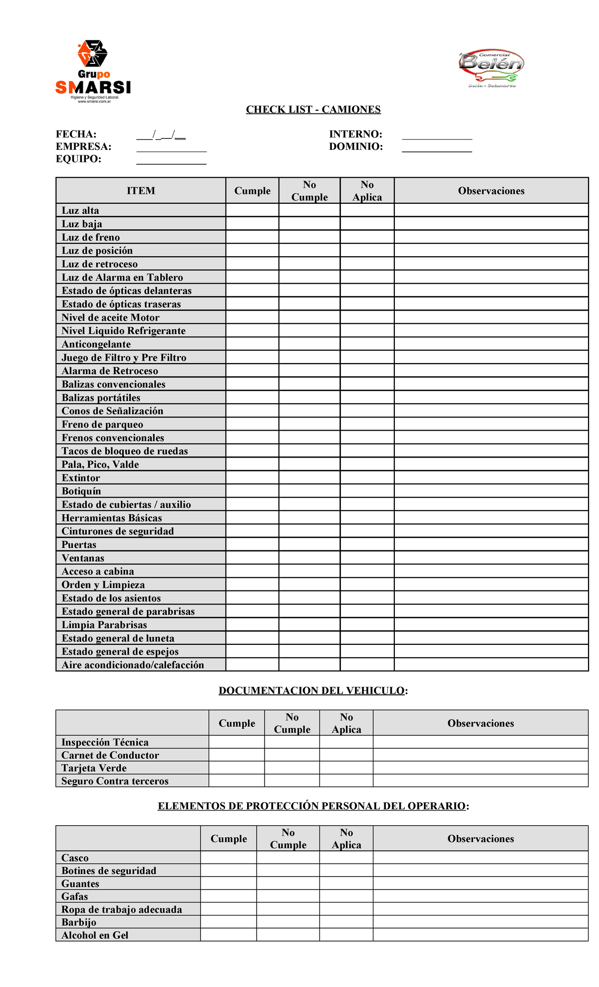 Check List Camiones - Inspección y Seguridad de Equipo - Studocu