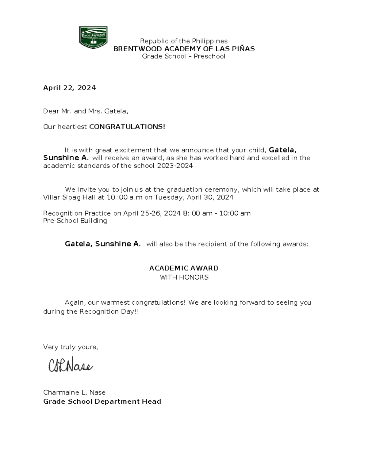 Grade School Recognition Ceremony Invitation for Gatela, Sunshine A ...