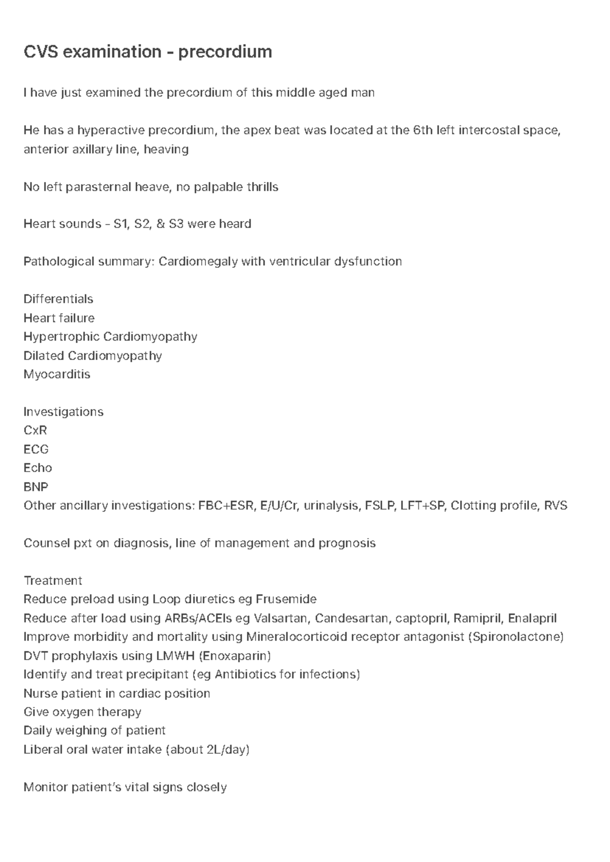 CVS Examination: Precordium Findings and Management Plan - Studocu