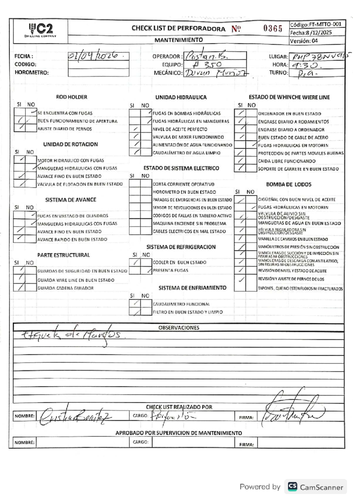 Check List Preoperacional Máquina H350 - Mantenimiento 0365 - Studocu