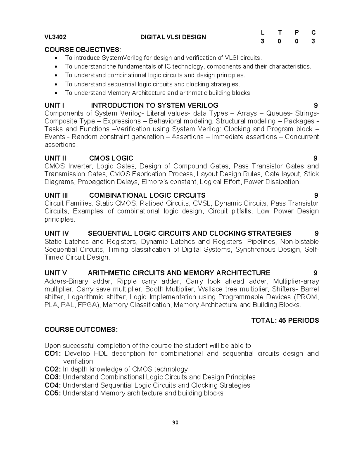 VL3402 Digital VLSI Design Syllabus: SystemVerilog & CMOS Logic - Studocu