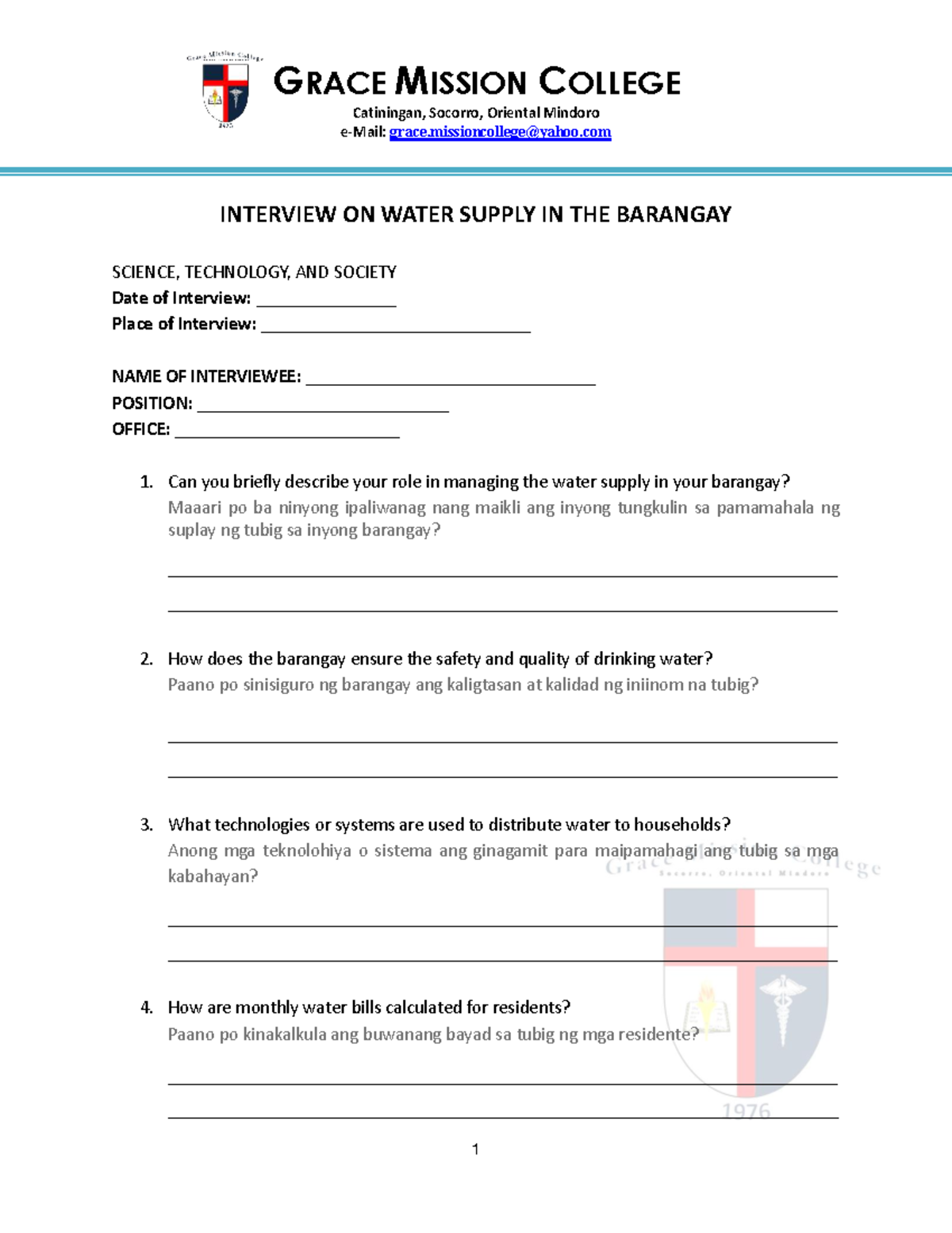 Interview Form on Water Supply Management - STS 101 - Studocu