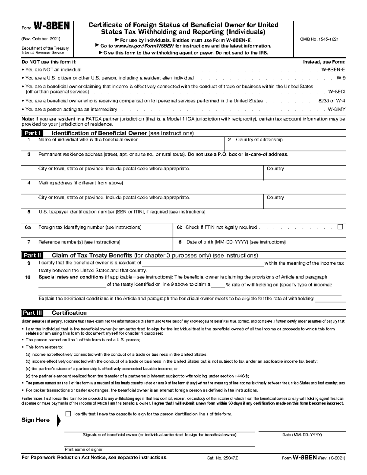 Form W-8 BEN: Certificate of Foreign Status for Tax Purposes (Rev. 2021 ...