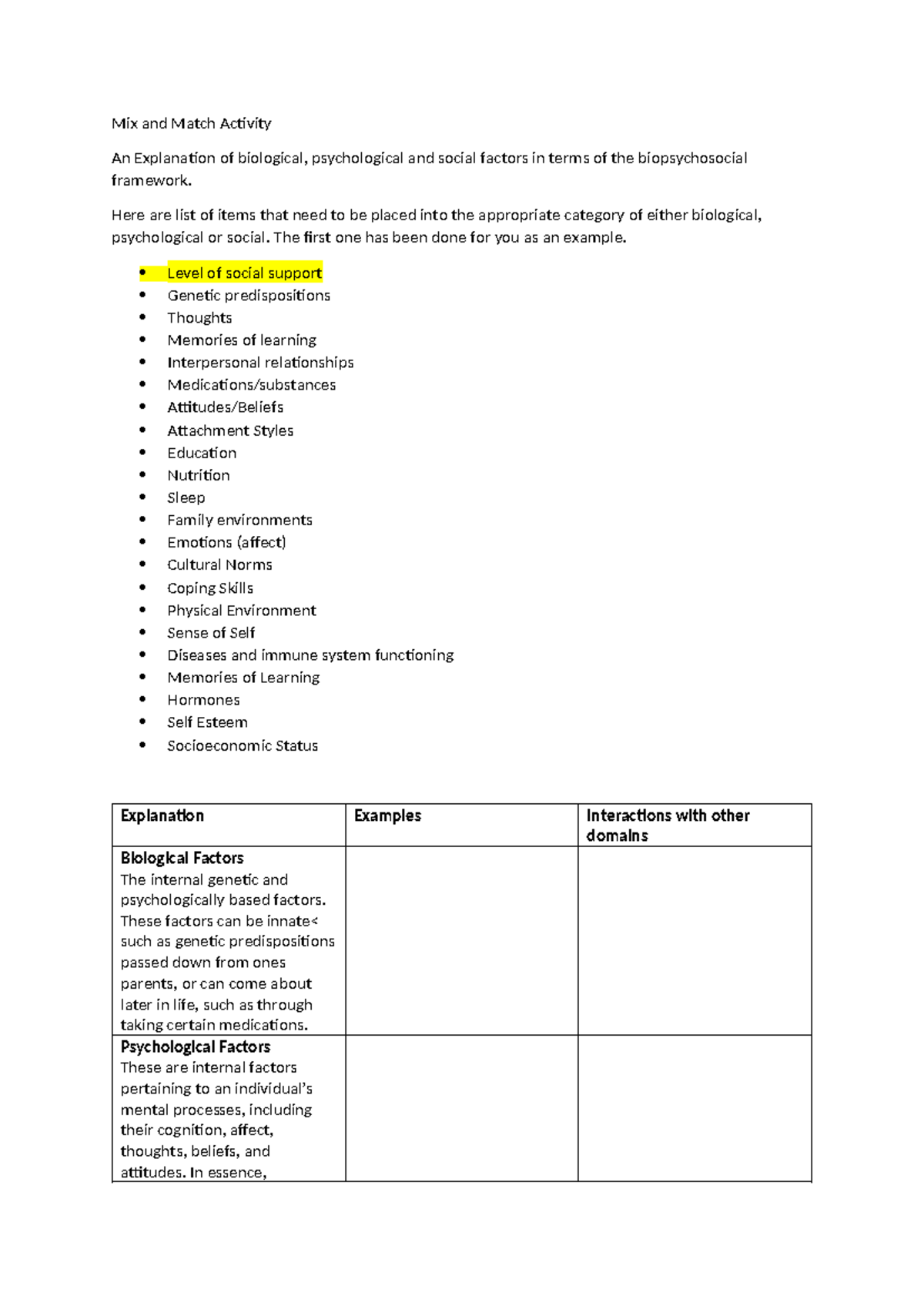 Biopsychosocial Mix and Match Activity: Factors Explained - Studocu