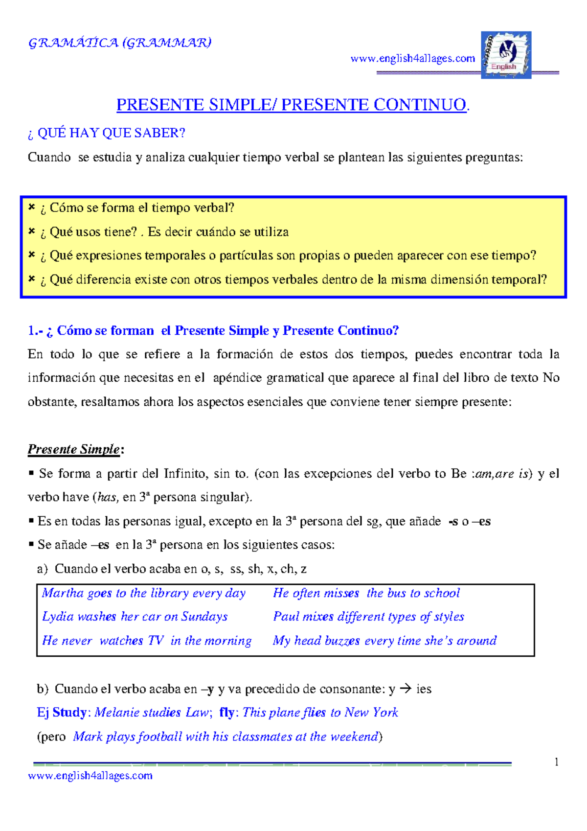 GRAMÁTICA: Presente Simple y Presente Continuo - Claves Esenciales ...