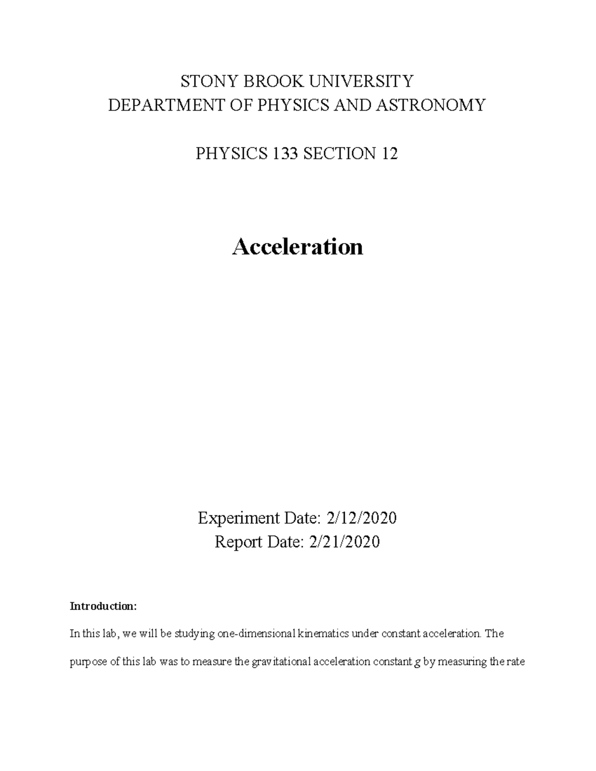 Acceleration Lab - Lab report, received letter grade A - STONY BROOK ...