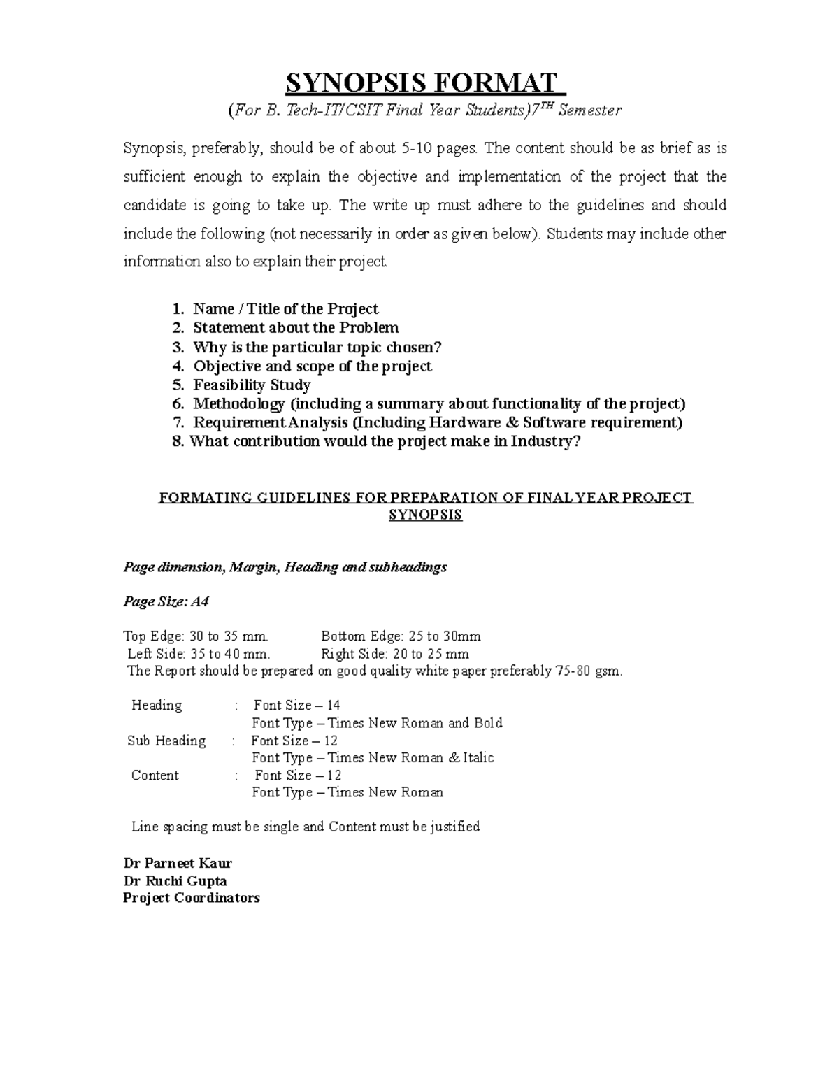 B.Tech IT/CSIT Final Year Project Synopsis Format - 2022-23 - Studocu