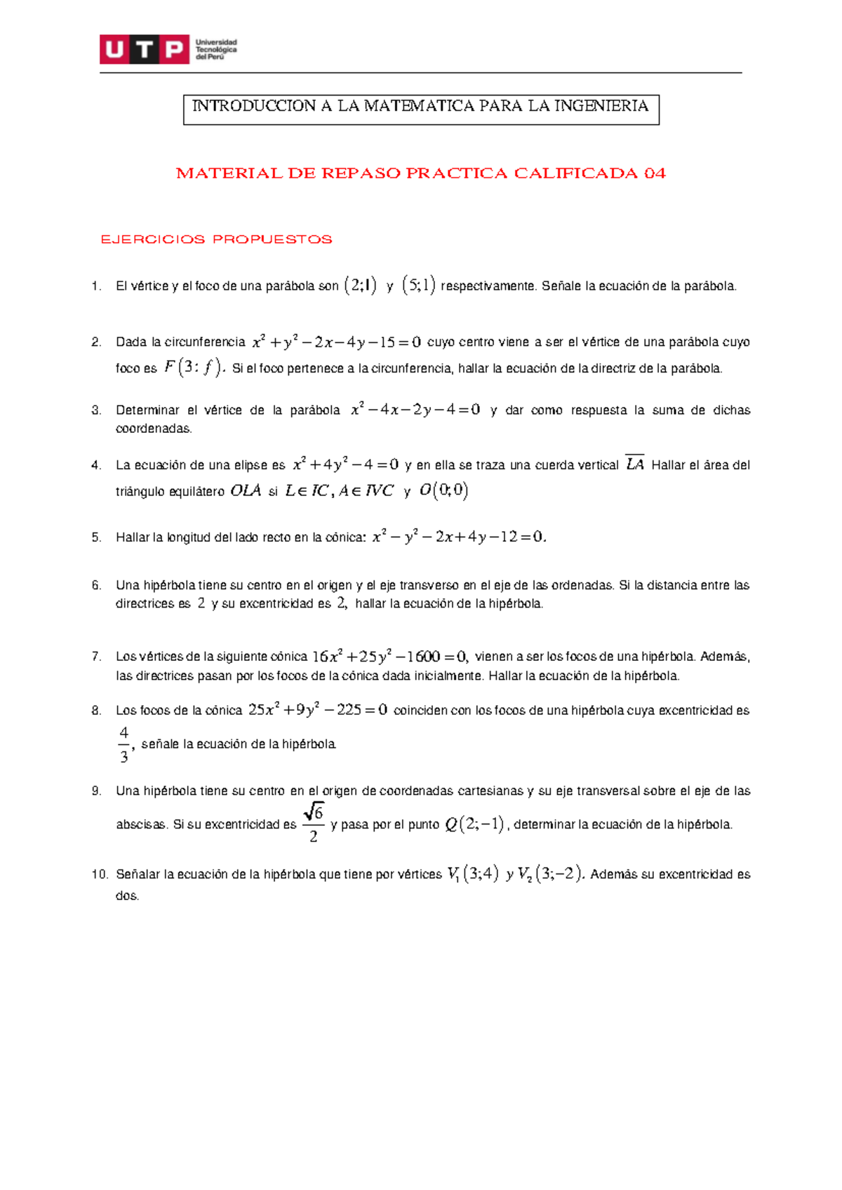 S14.s1 - Repaso Práctica Calificada 04: Ejercicios de Cónicas - Studocu
