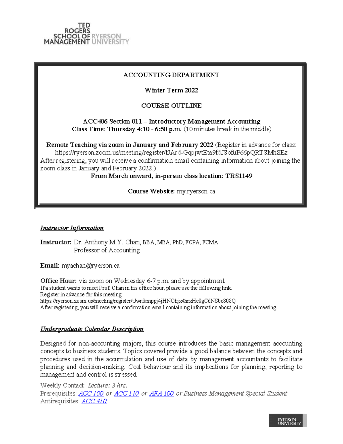 ACC406 S11 Course Outline for Introductory Management Accounting W2022 ...