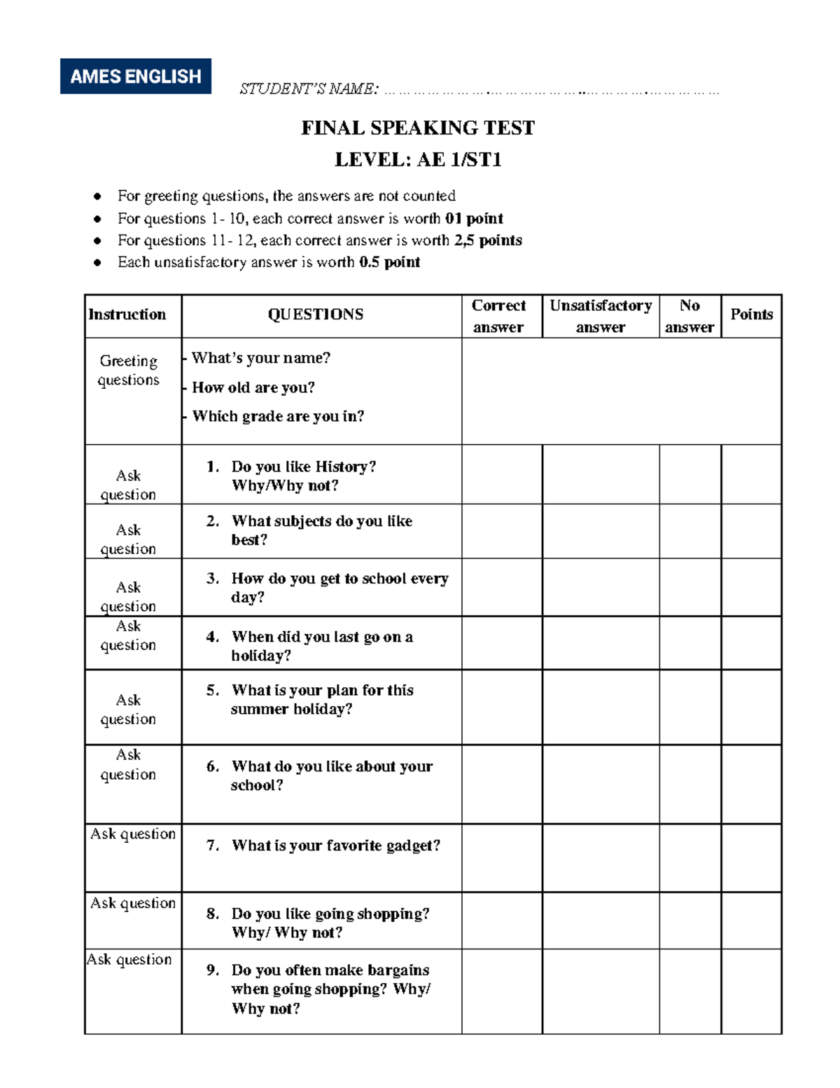 AE1 Final Speaking Test: Assessment Criteria and Questions - Studocu