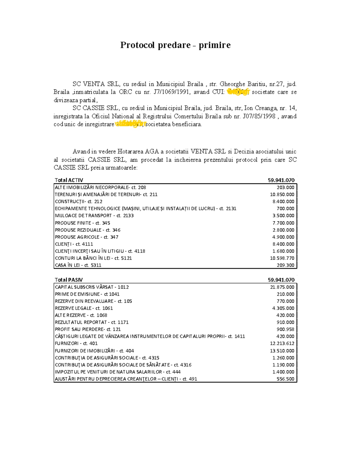 Protocol Predare-Primire Divizare SC VENTA SRL și SC CASSIE SRL - Studocu