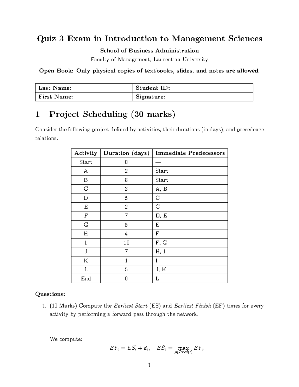 Quiz 3: Project Scheduling & Simulation in Intro to Management Sciences ...
