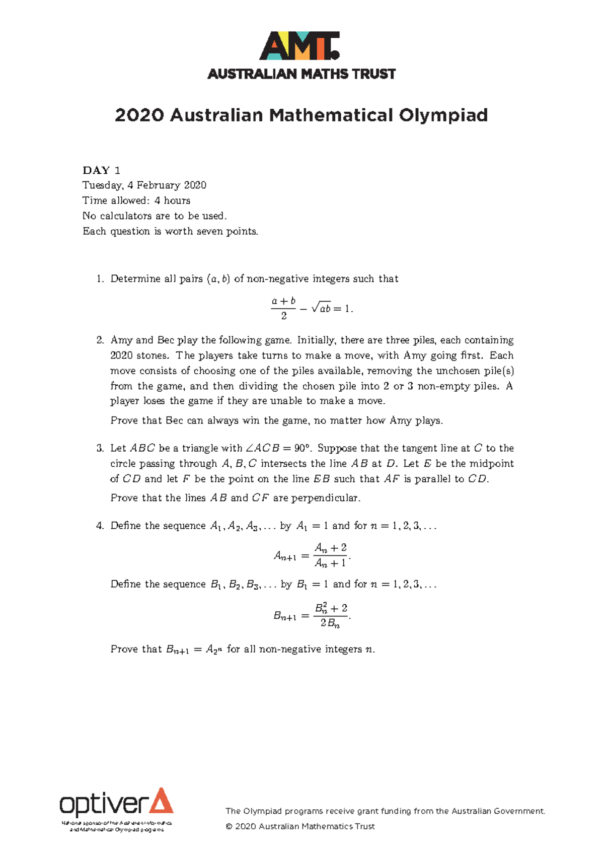AMO 2020 Exam Paper with Solutions for Day 1 - Studocu