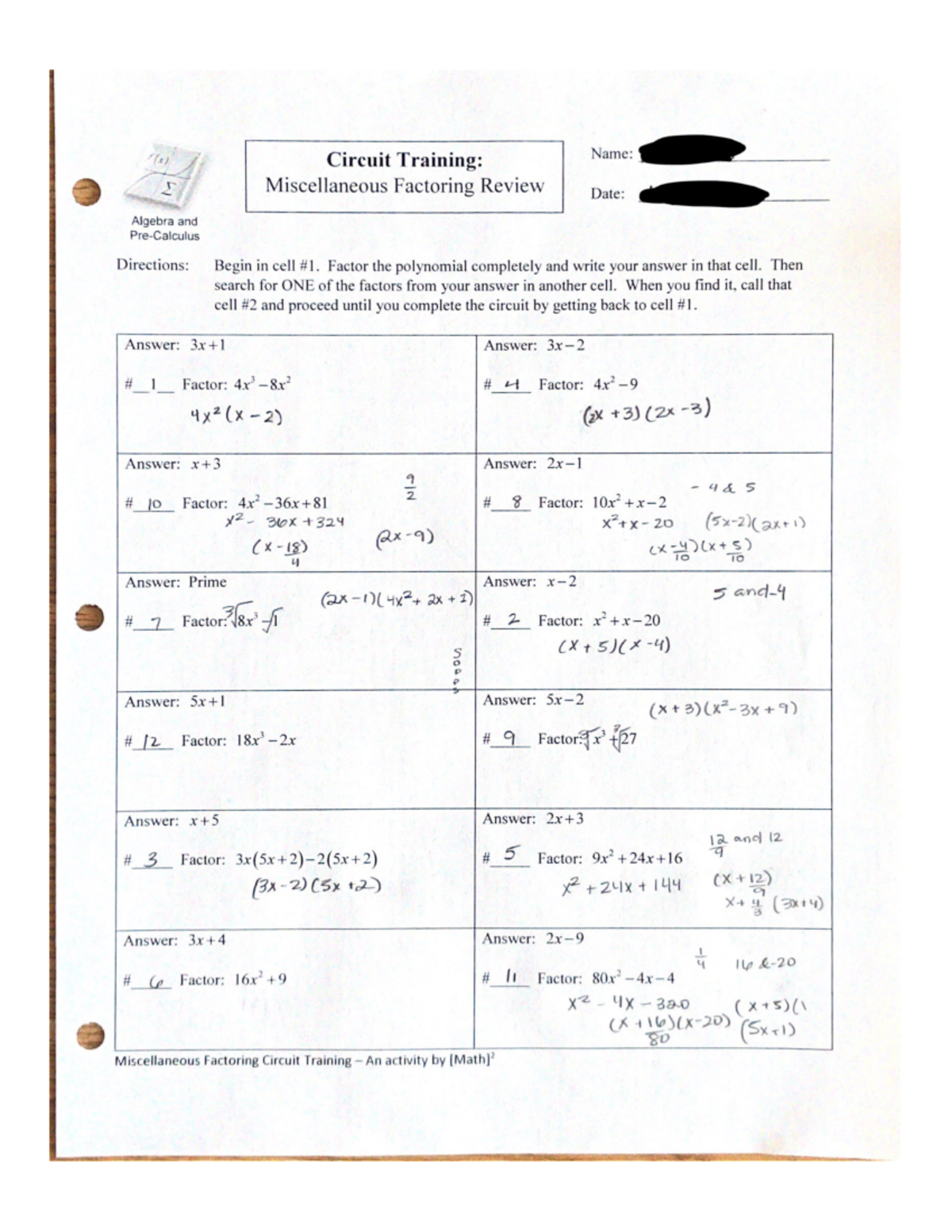 Pre Calculus - Factoring - (i) Circuit Training: Name: 4 Miscellaneous ...
