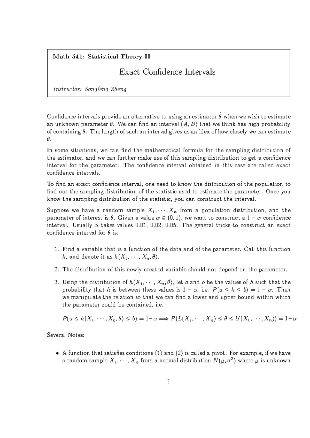 Confidence Interval - Math 541: Statistical Theory II Exact Confidence ...
