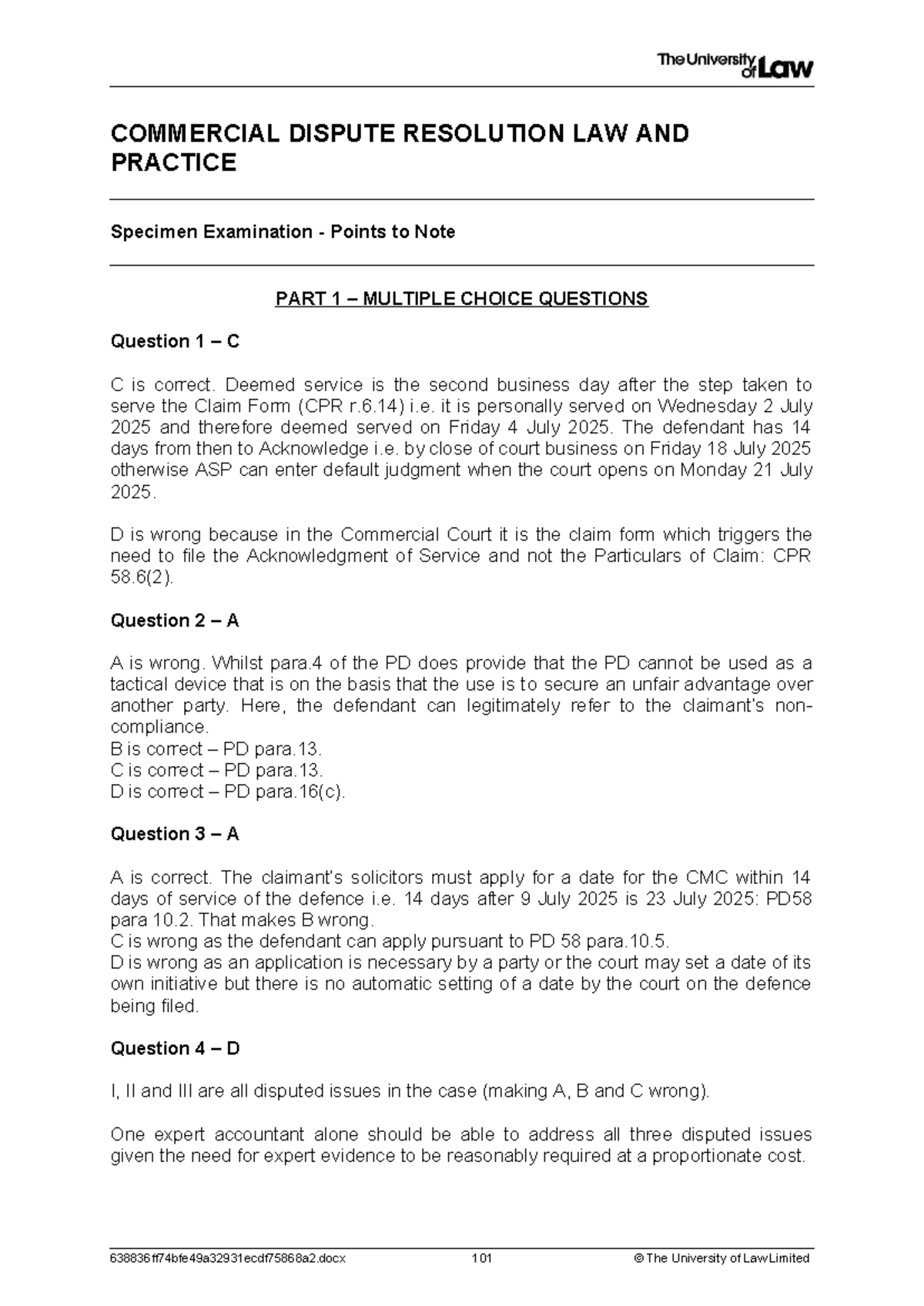 COMMERCIAL DISPUTE RESOLUTION LAW & PRACTICE: Specimen Exam MCQs - Studocu