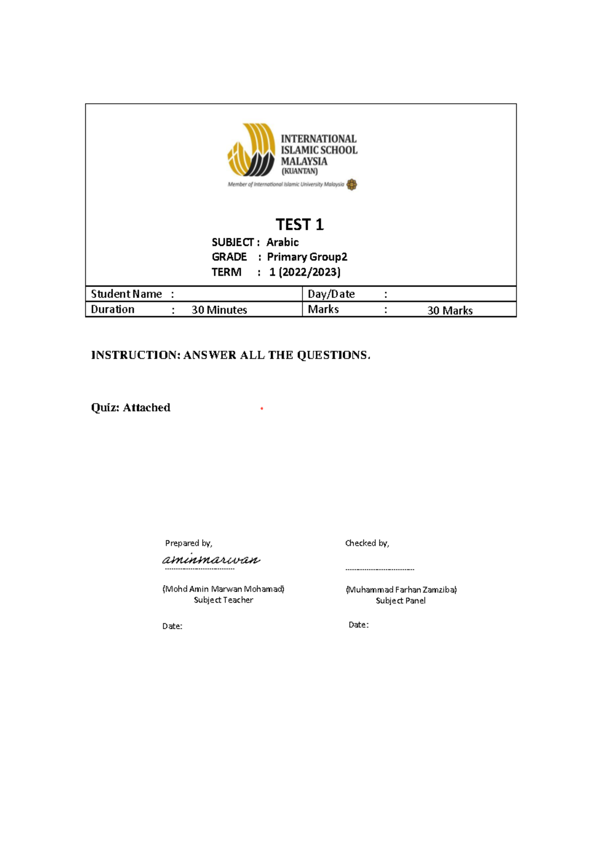 G3 Arabic Primary Test 1 Sem 1 2022 - TEST 1 SUBJECT : Arabic GRADE ...