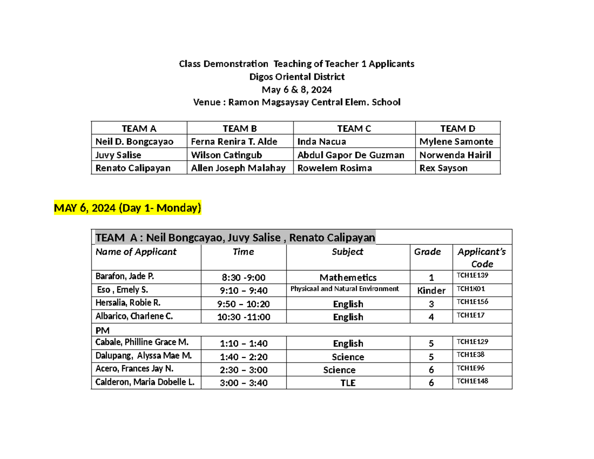 Teaching Demonstration Schedule for Teacher 1 Applicants (TCH1E) - Studocu