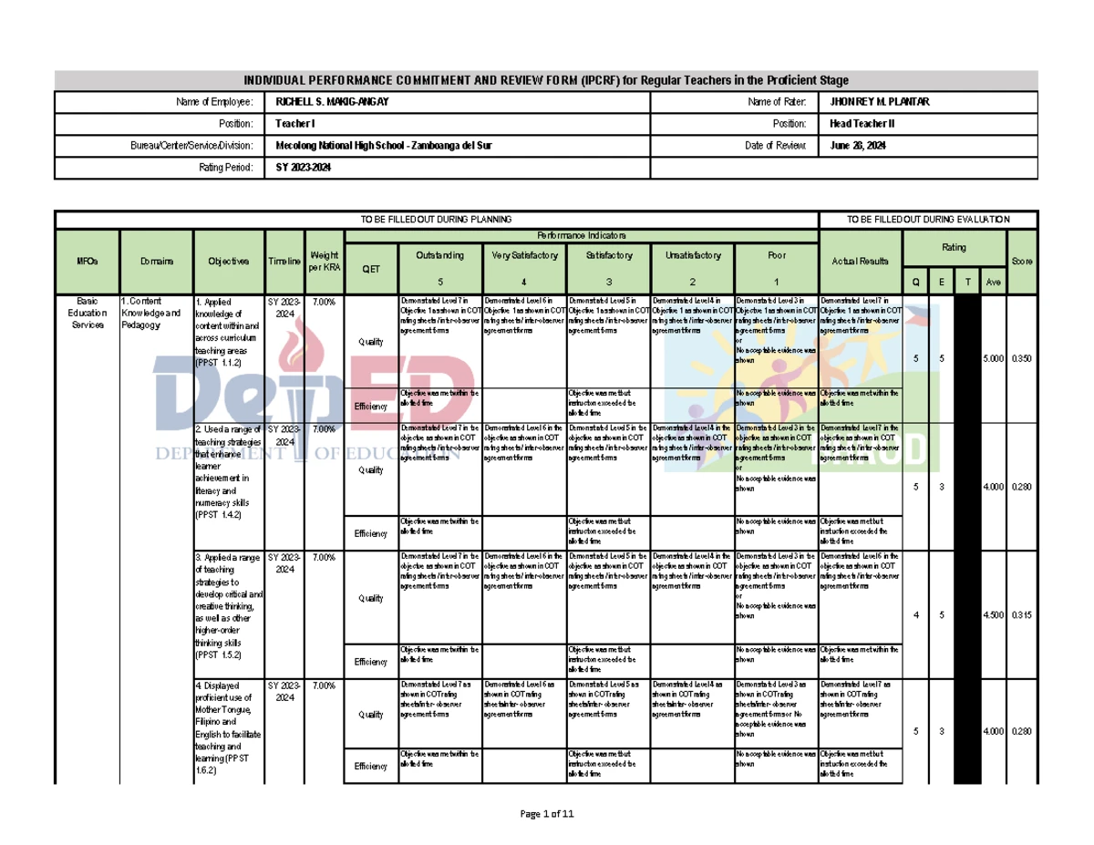 IPCRF 4 - Performance Review for Teachers (SY 2023-2024) - Studocu