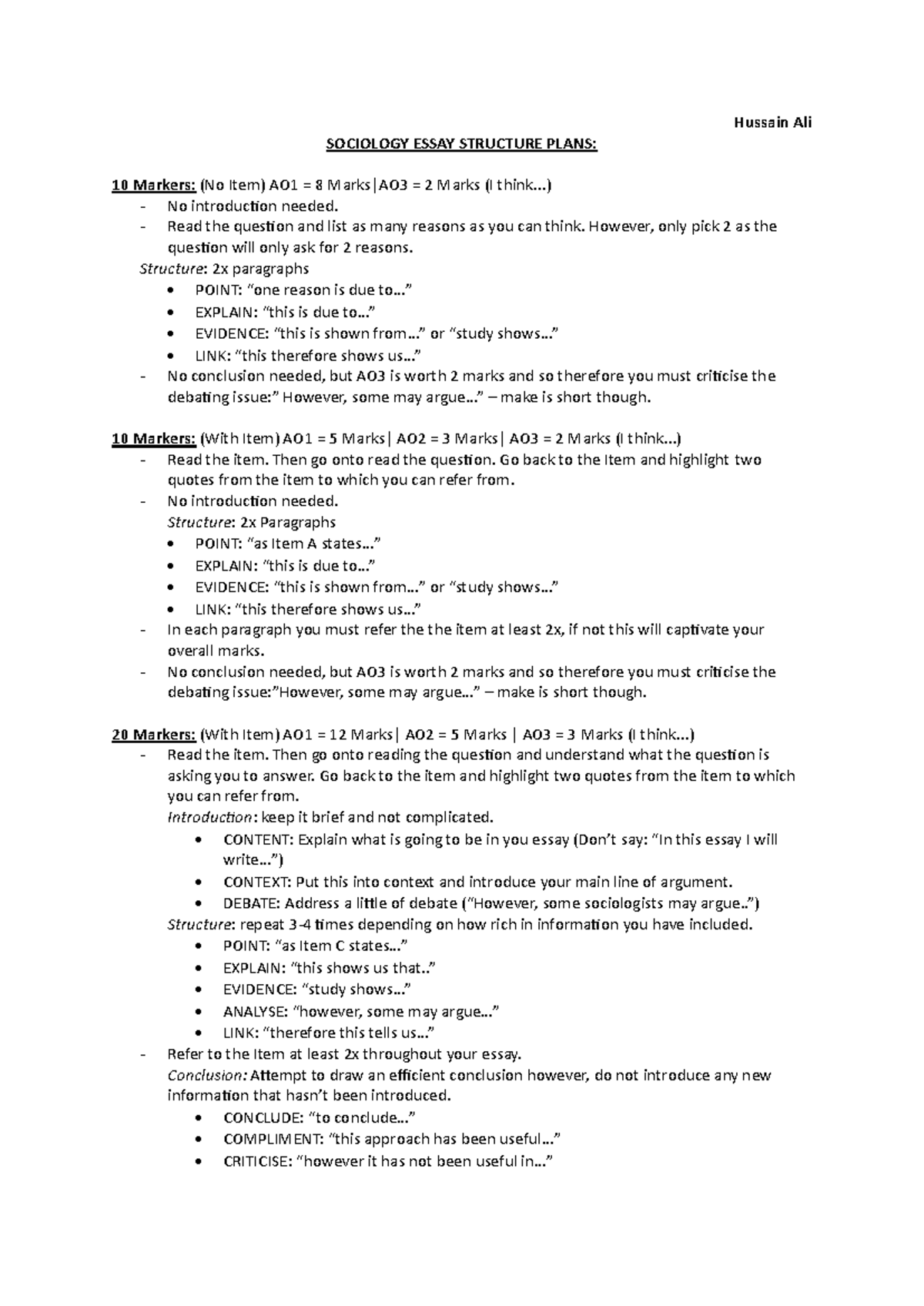 SOC101 Essay Structure Guidelines: 10, 20 Markers Explained - Studocu