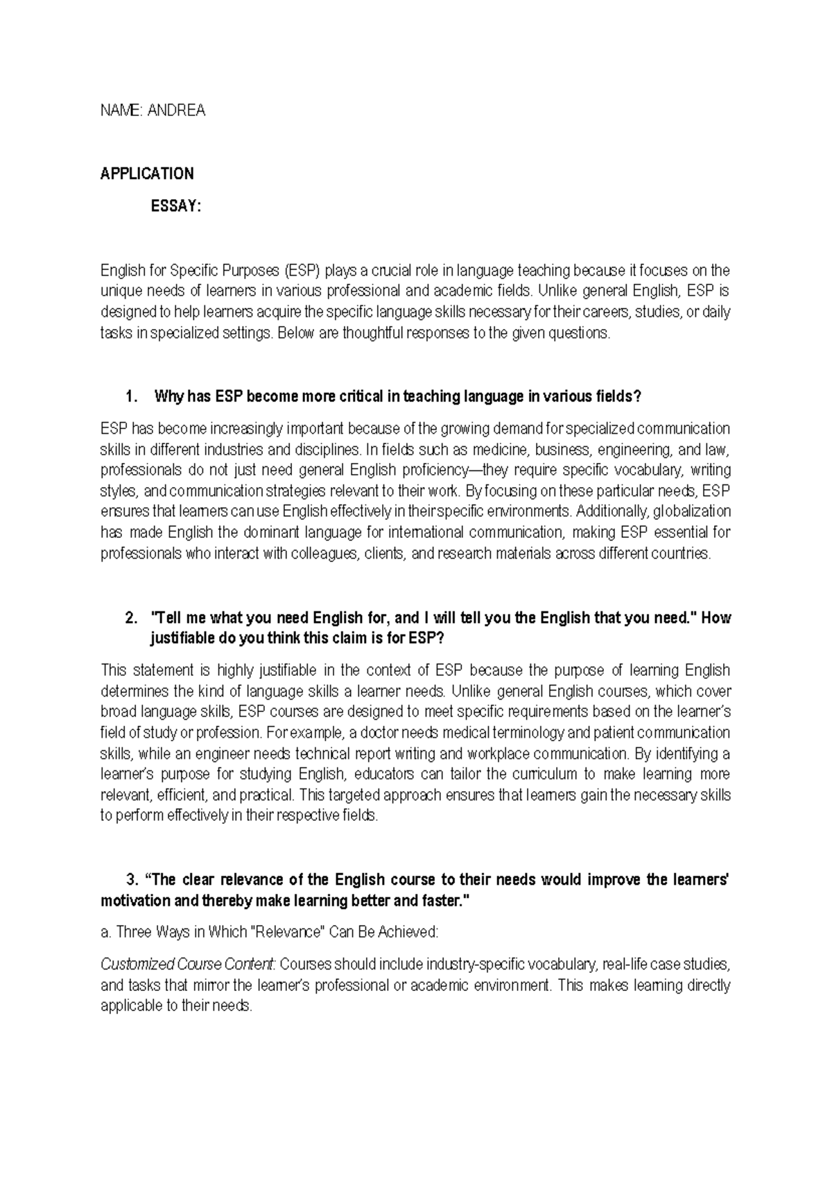 ESP Approach in English Teaching: Tailoring Language Skills for Careers ...