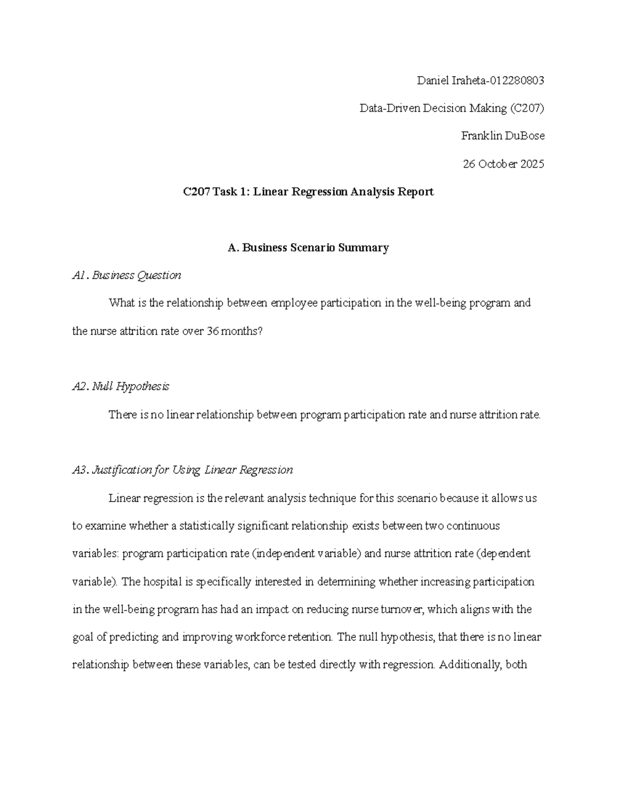 C207 Task 1: Linear Regression Analysis on Nurse Attrition Rates - Studocu