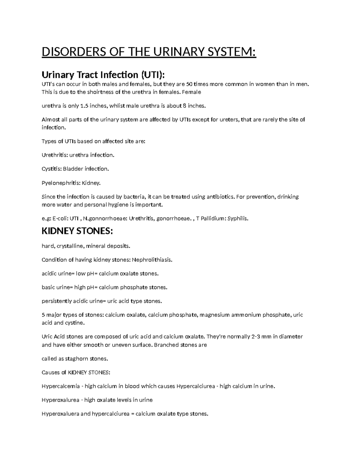 Disorders of the Urinary System: UTI & Kidney Stones Overview - Studocu