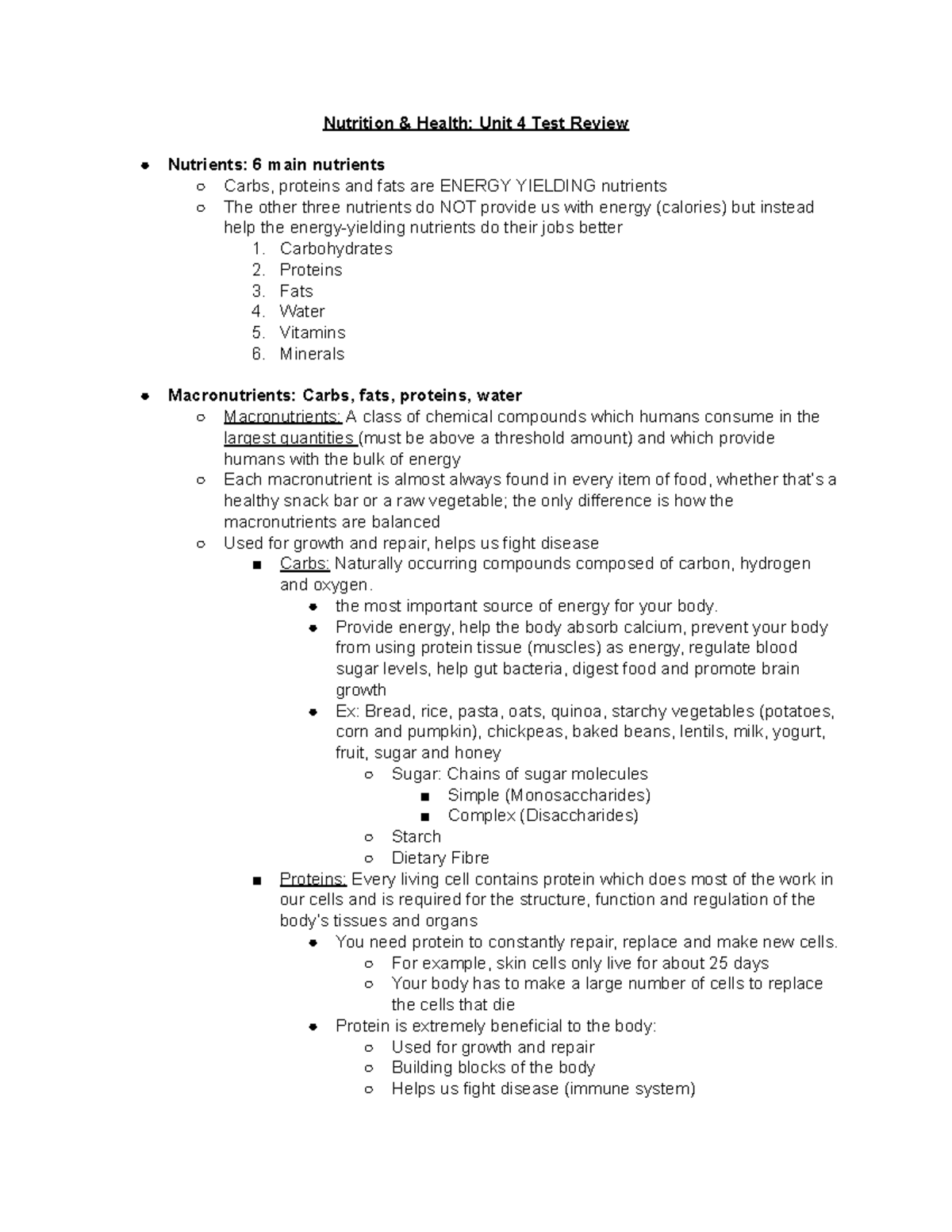 Nutrition & Health: Unit 4 Test Review Guide - Studocu