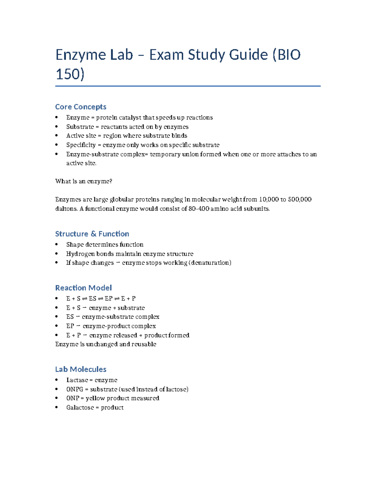 Enzyme Lab Exam Study Guide (BIO 150): Key Concepts & Models - Studocu