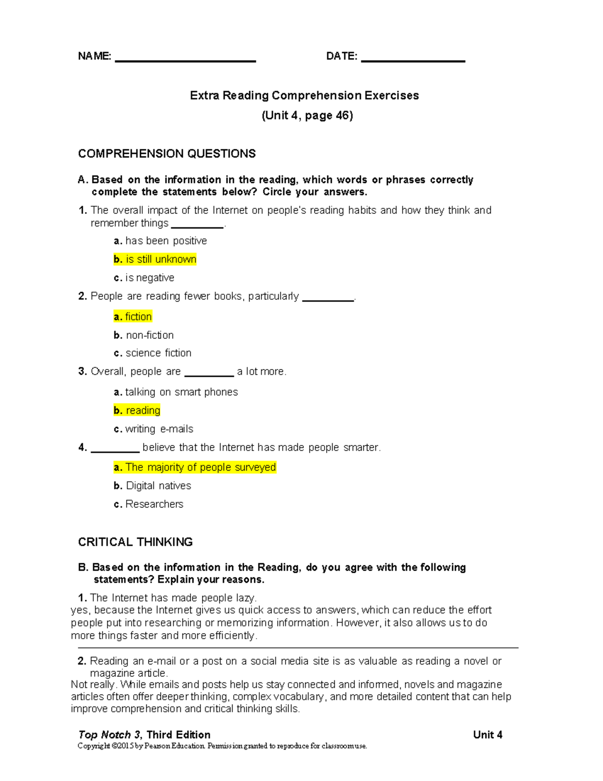 Unit 04 P46 Extra Reading Comprehension Exercises - Studocu