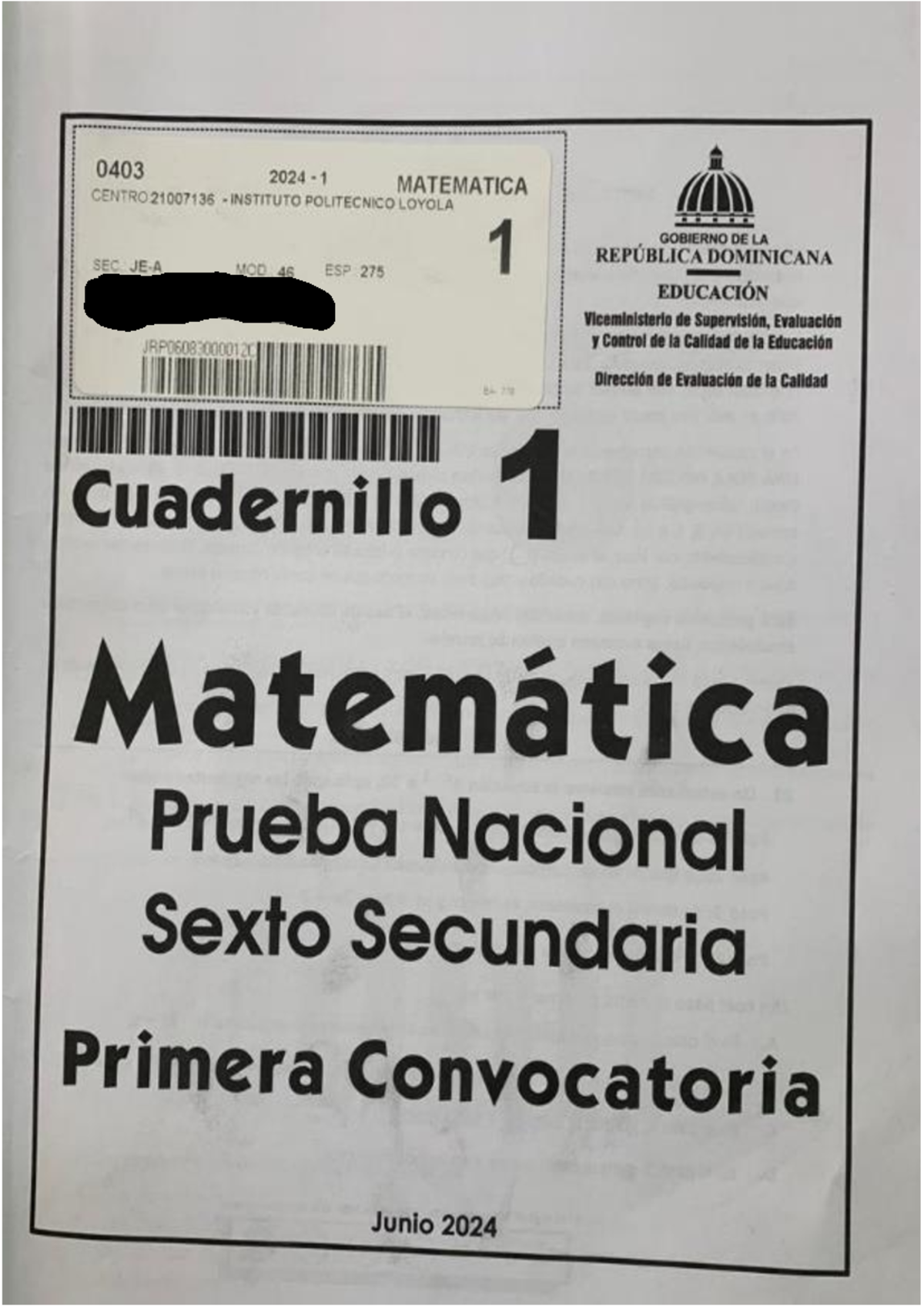 Cuadernillo 1 de Matemática Sexto Secundaria - Prueba Nacional 2024 ...