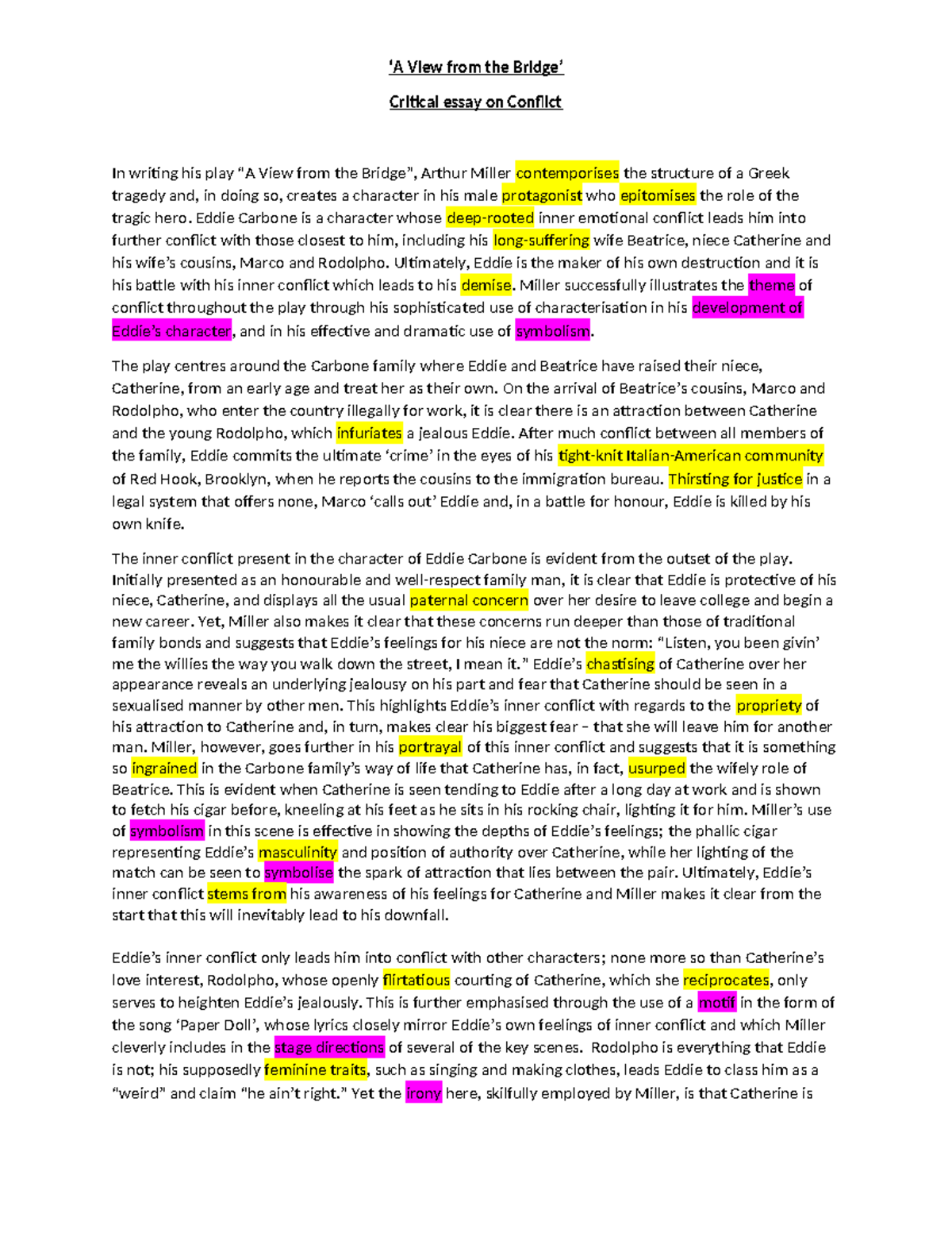 ENG 201: A View from the Bridge - Essay on Inner Conflict & Tragedy ...