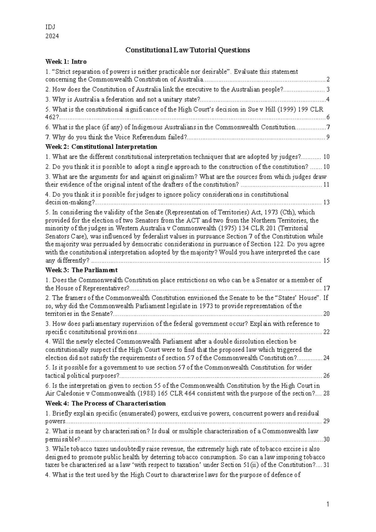 Exam Notes - Tut Questions - 2024 Constitutional Law Tutorial Questions ...