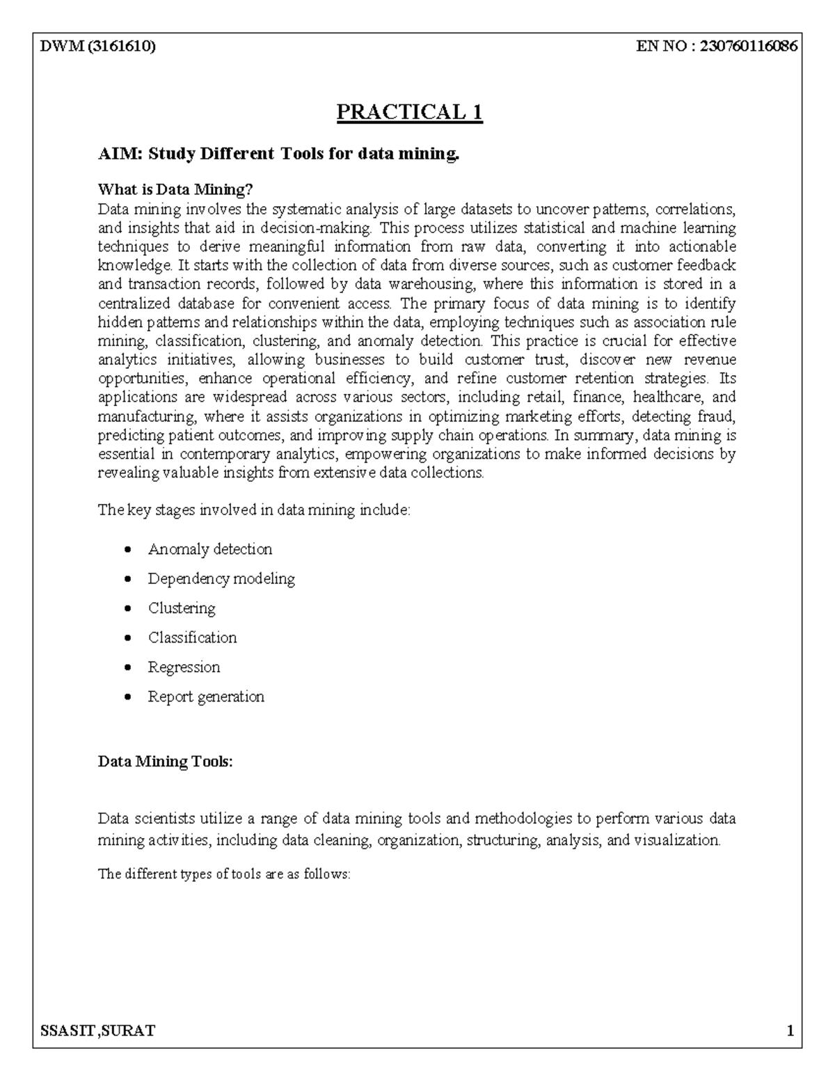 DWM (3161610) Practical 1: Exploring Data Mining Tools and Techniques - Studocu