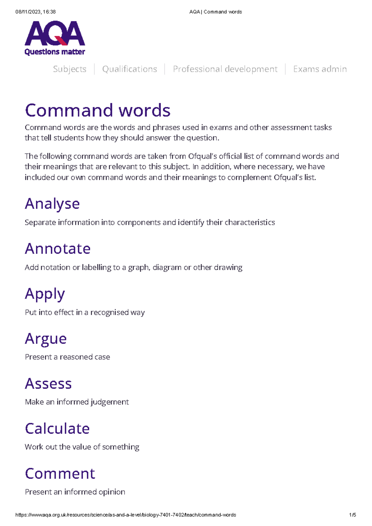 AQA Command Words A Level Command Words Command Words Are The Words