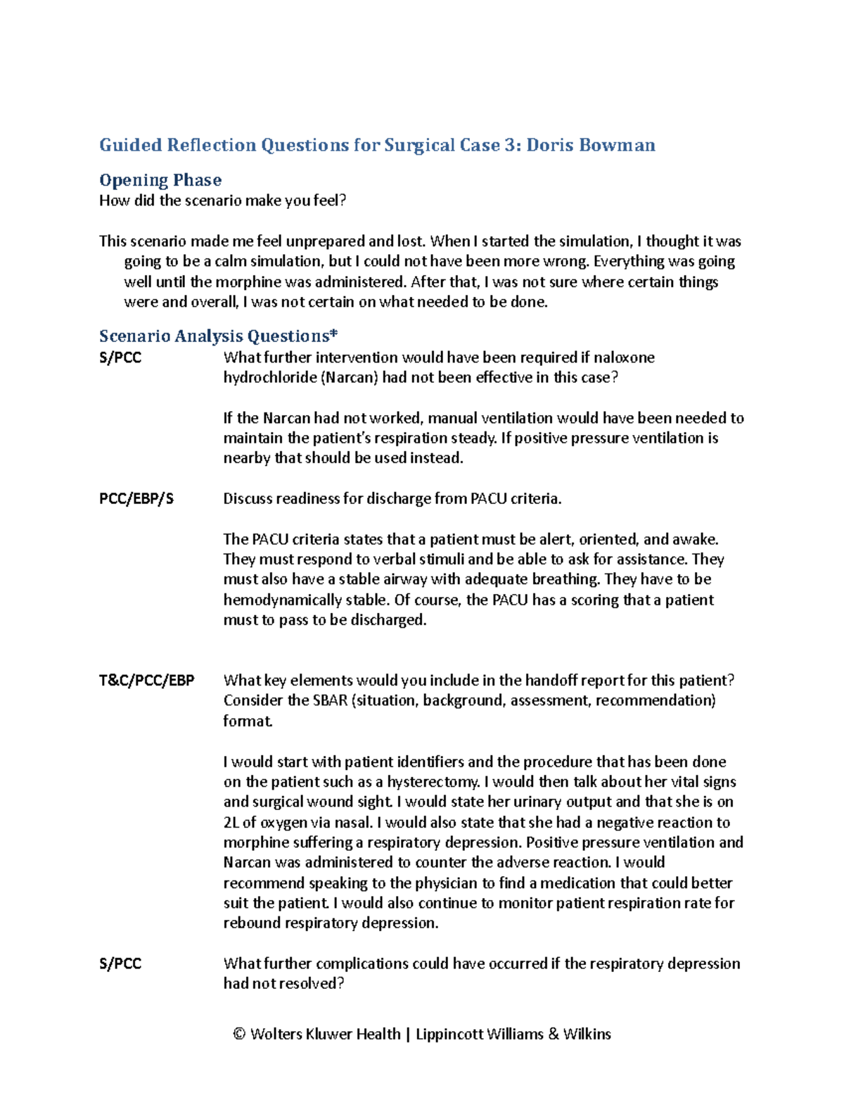 Surgical Case Study: Reflection on Doris Bowman vSim (V Sim2) - Studocu