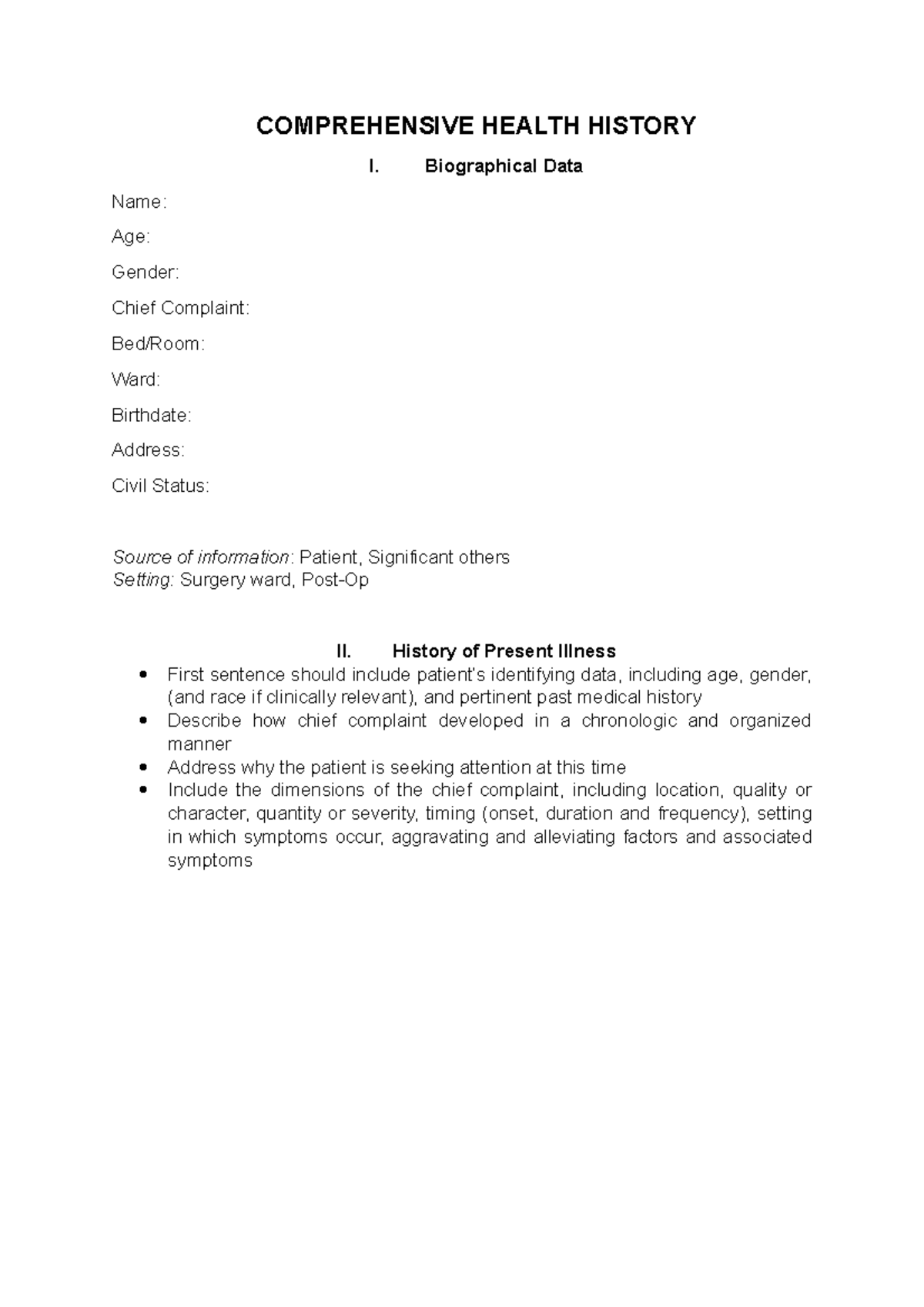 Comprehensive Health History for Patient Assessment (HLTH 101) - Studocu