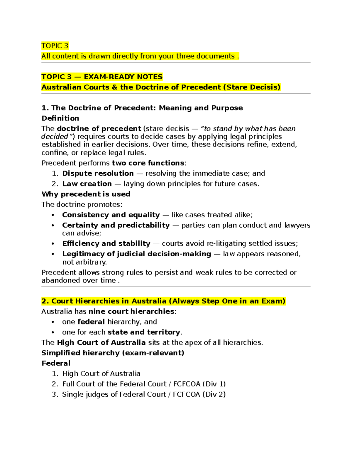 Topic 3 Summary: Australian Courts & the Doctrine of Precedent - Studocu