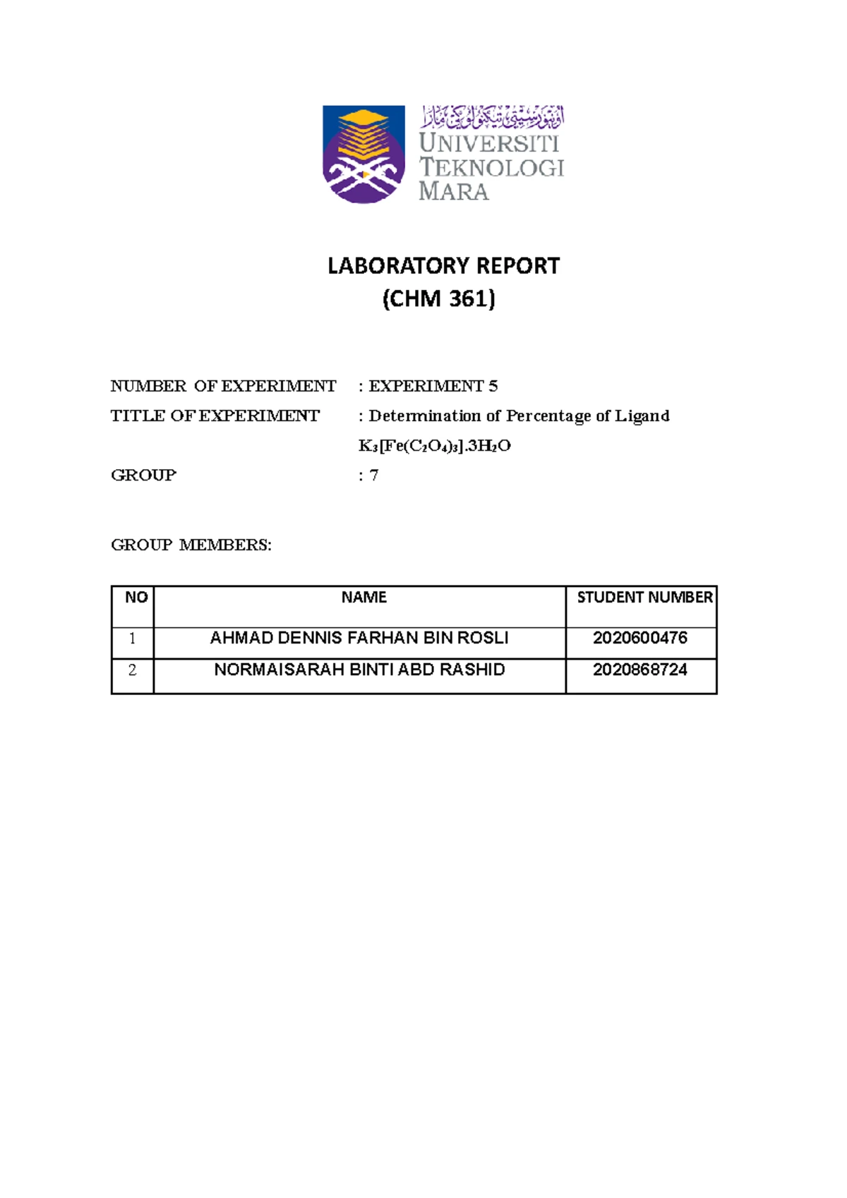 EXP 4 lab report chm361 - EXPERIMENT 4 Synthesis of Potassium tris(oxalato)ferrate(III ...