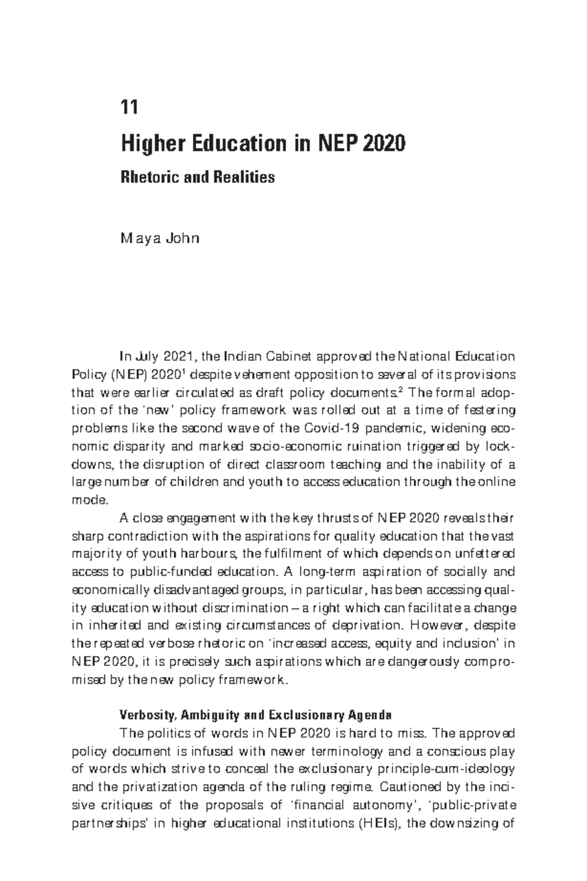 NEP 2020: Rhetoric vs. Reality in Higher Education - Chapter 11 - Studocu