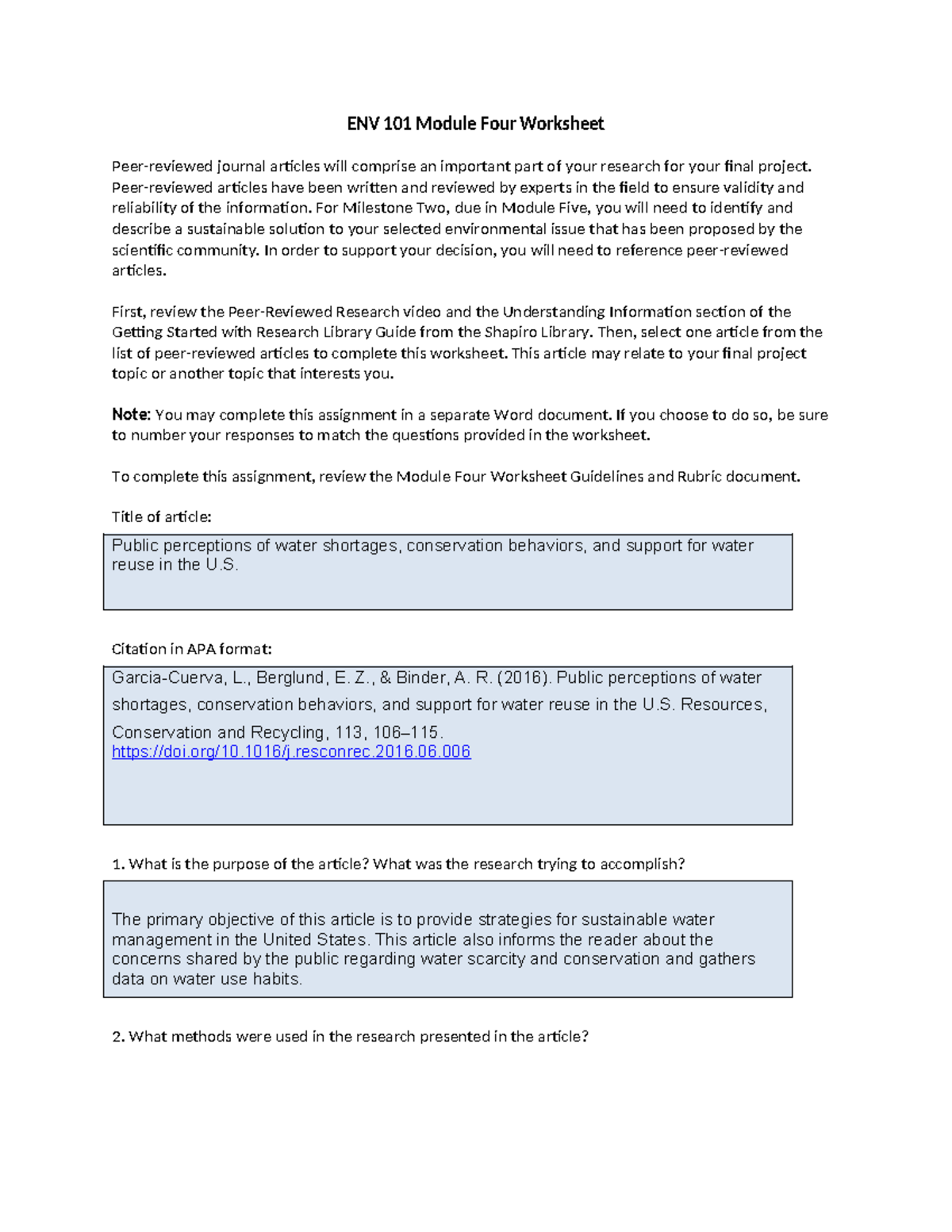 ENV 101 Module Four Worksheet: Sustainable Water Management Strategies ...